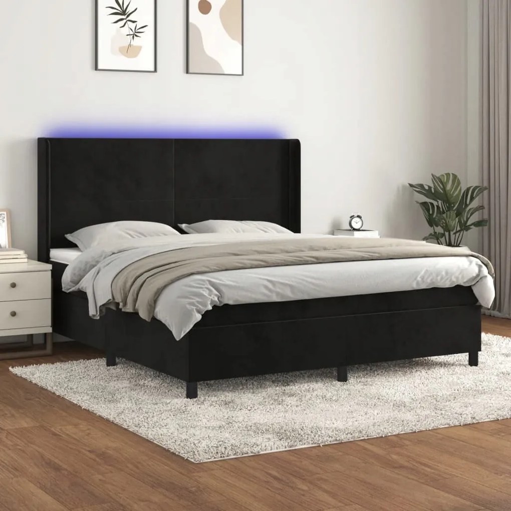 Box Spring Postel S Matrací A Led Černá Samet Černá Hladký design 180 x 2