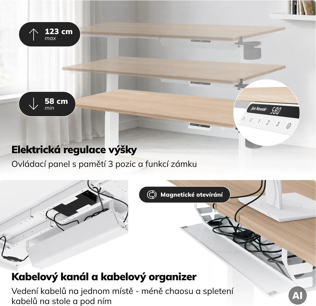 Elektrický stůl s nastavitelnou výškou ergonomický bílý/dub sonoma,1400x700 mm: ARIA