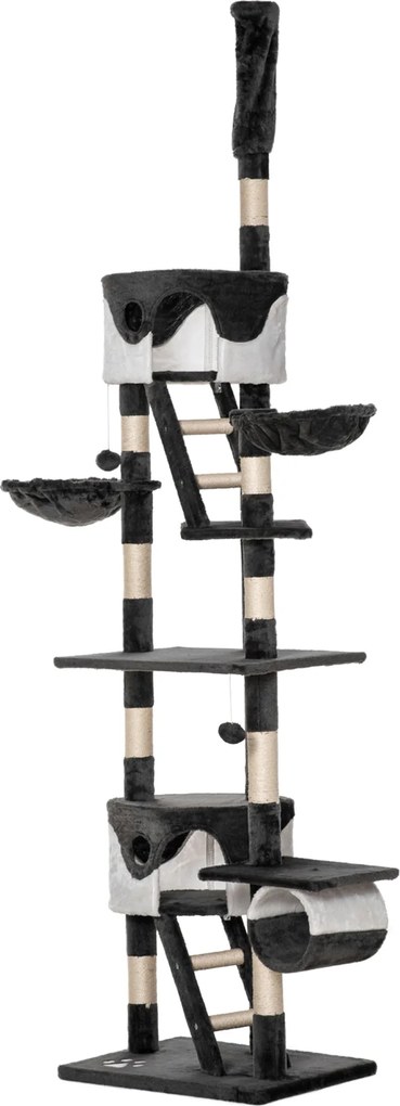 PawHut Stropní Škrabadlo pro Kočky s Nastavitelnou Výškou 240-260 cm, Víceúrovňový Kočičí Stromeček se Sheltry, Hammocky, Schody a Sisalovými Lany, Tm