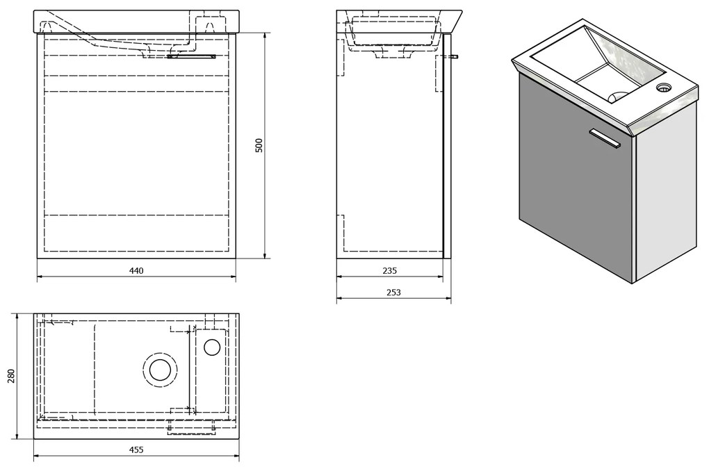 Aqualine ZOJA/KERAMIA FRESH umyvadlová skříňka 44x50x25,3cm, dub platin - 51046DP