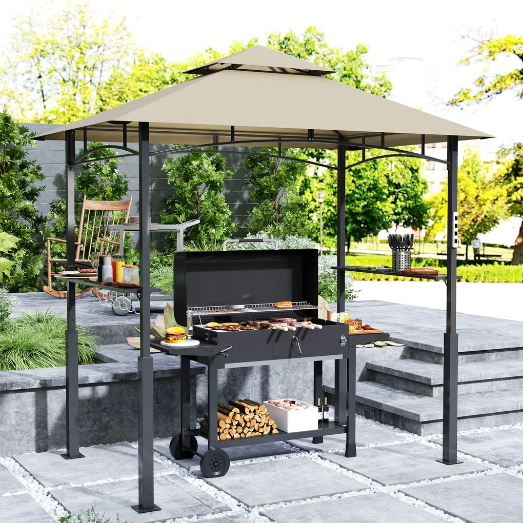 Outsunny grilovací altán s dvojitou střechou, zahradní přístřešek s LED světlem, 240 x 150 x 250 cm, khaki