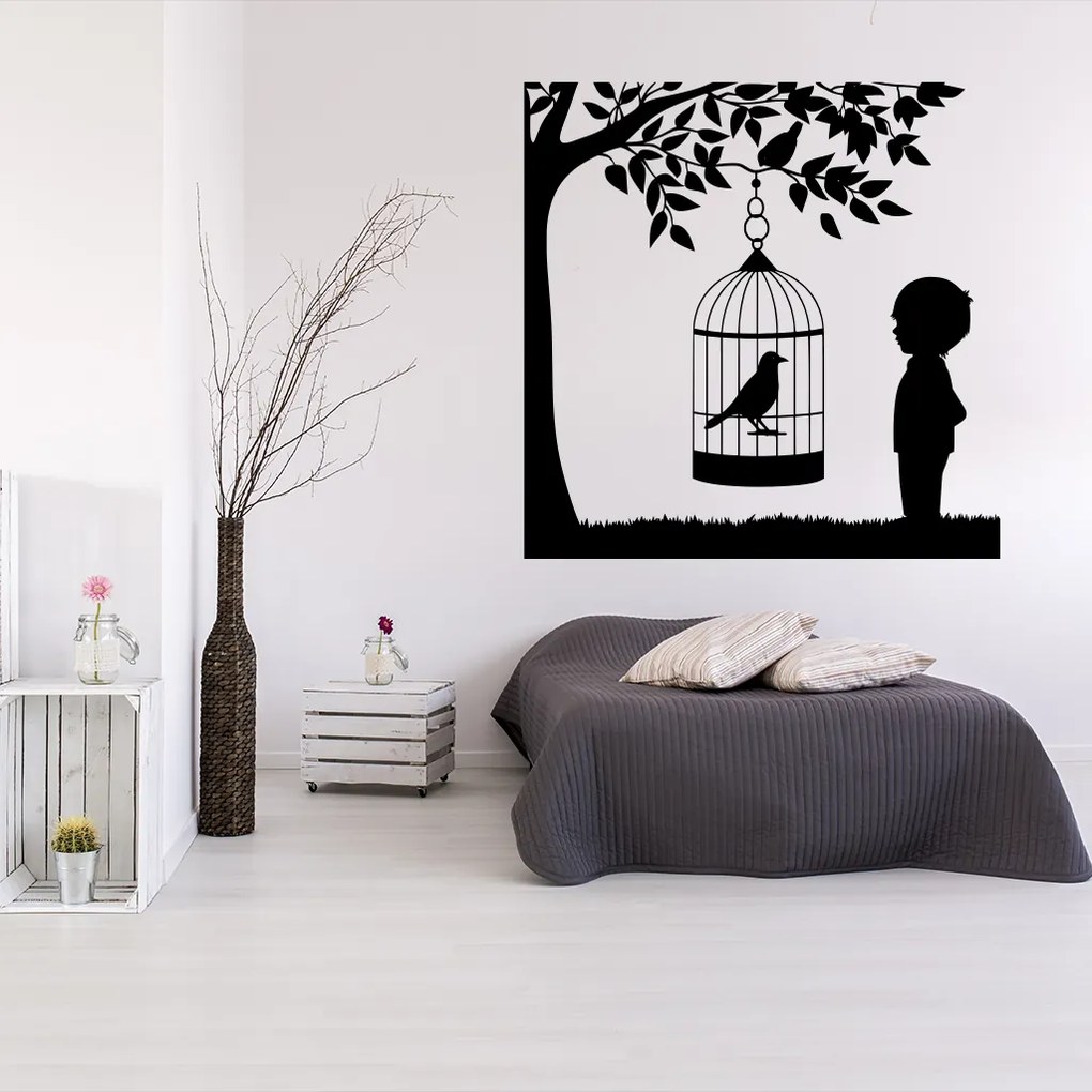 Živá Zeď Samolepka na zeď Ptáček v kleci na stromě Barva: černá, Velikost: 60 x 60 cm