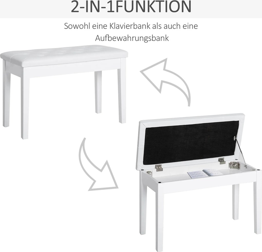 HOMCOM klavírní stolička ve venkovském stylu Klavírní lavice s úložným prostorem z kaučukového dřeva a imitace kůže, bílá, 76 x 36 x 50 cm pro milovn…