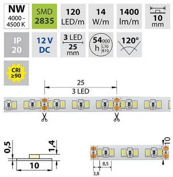 LED pásek McLED 12V neutrální bílá CRI90 š=10mm IP20 14W/m 120LED/m SMD2835 ML-121.815.60.2