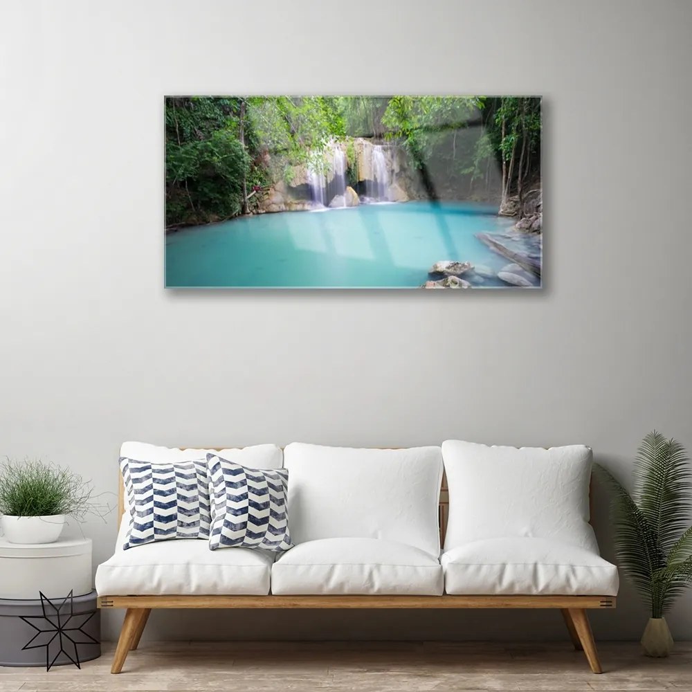 Obraz na skle Vodopád Les Jezero Příroda 125x50 cm