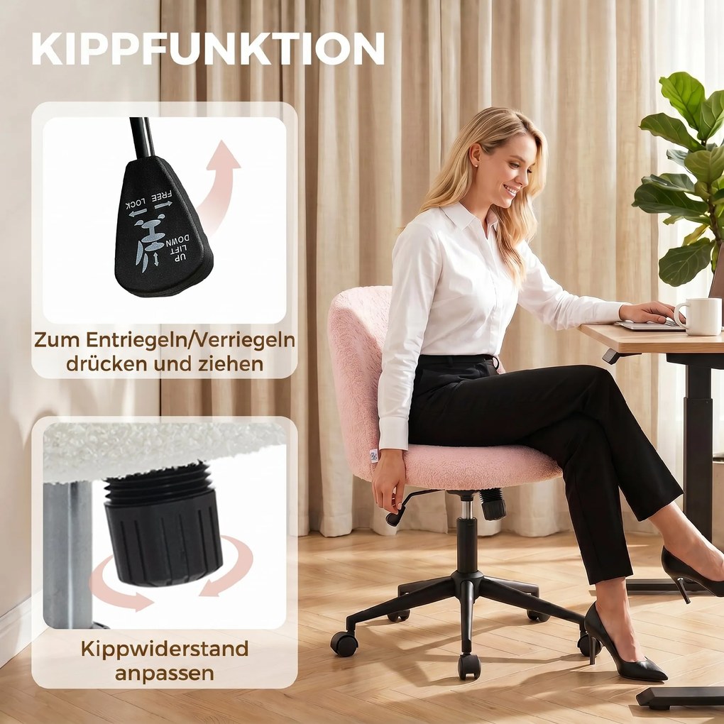 Kancelářská židle HOMCOM, teddy fleece, výškově nastavitelná, otočná s naklápěním — růžová