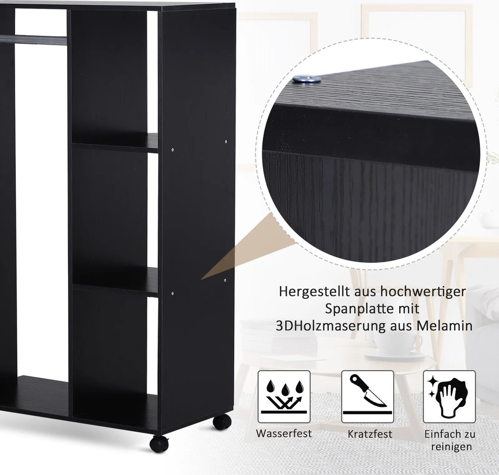 HOMCOM Skříň na kolečkách s otevřeným designem pro oblečení s ramínkovou tyčí a policemi organizátor pro ložnici 80x40x128 cm Černá