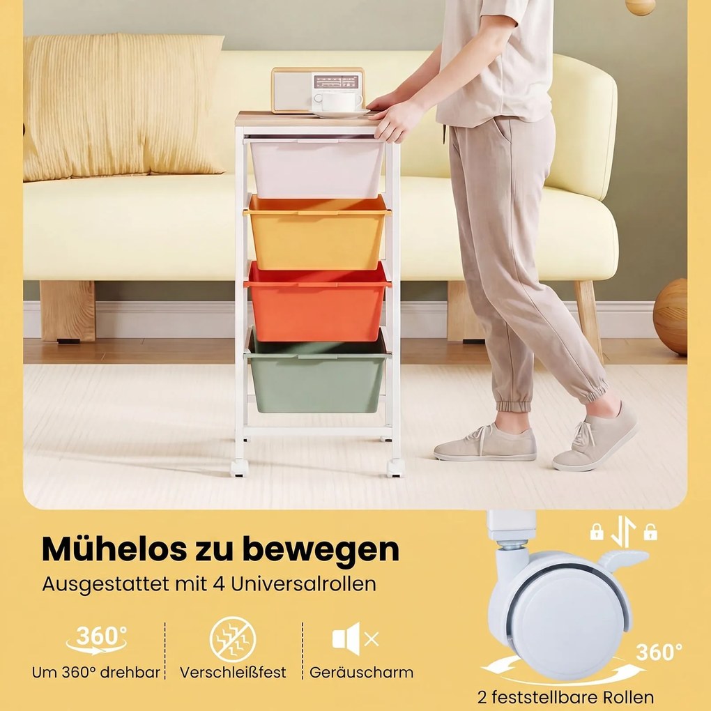 Costway Pojízdný zásuvkový vozík s 4 zásuvkami z plastu barevné, makaron barevné