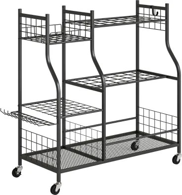 Outsunny organizér zahradního nářadí z oceli, 3 úrovně, 74 přihrádek, 4 kola, 11 háčků, 104x40x95 cm, černá