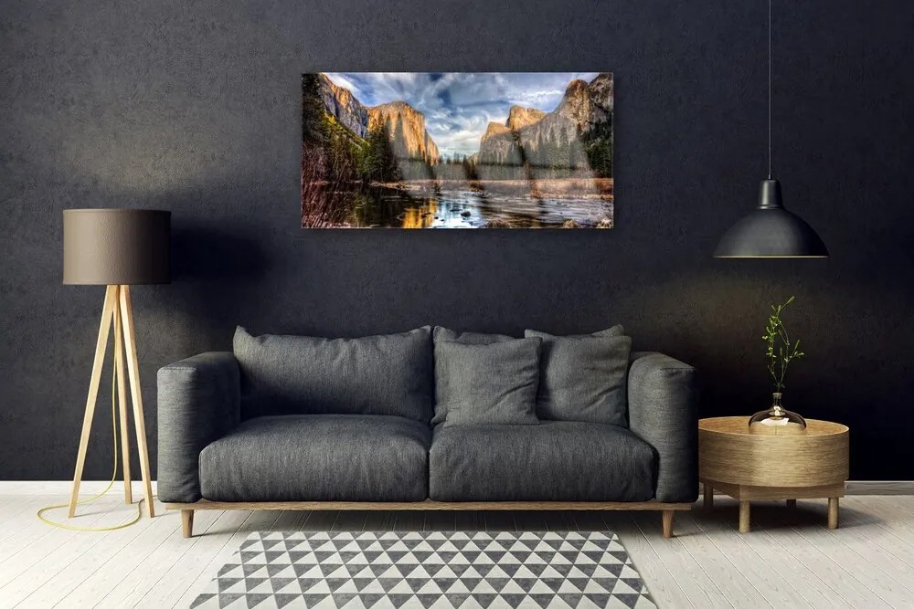 Obraz na skle Hora Les Jezero Příroda 120x60 cm