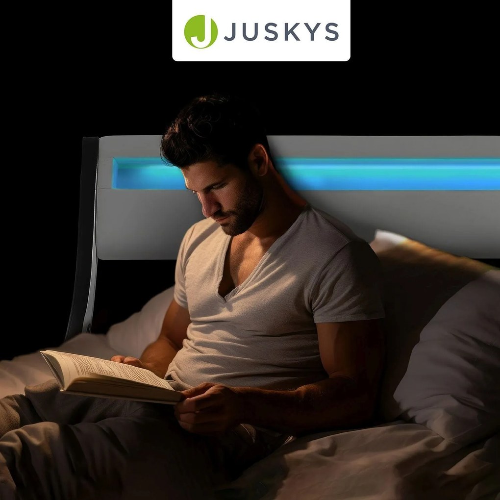 Juskys Čalouněná postel Valencia s LED osvětlením Barva: černá, Velikost: 140 × 200 cm