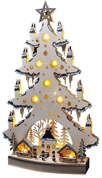 SOLIGHT LED dřevěný vánoční stromek s dekoracemi, 23x LED, přírodní barva, 64cm, 2x AA