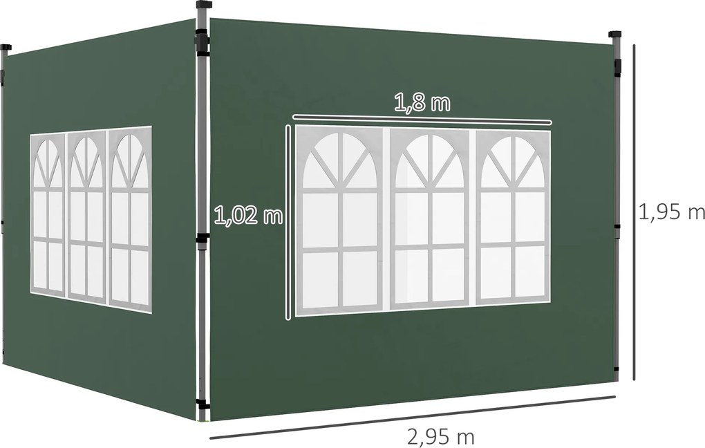 Outsunny sada 2 bočních panelů pro altán 3x3/3x4 m, boční stěna s oknem, voděodolná zelená barva