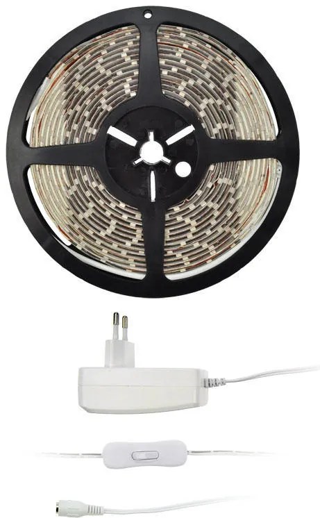 Solight LED světelný pás s testrem, 5m, sada s 12V adaptérem, 4,8W/m, IP65, teplá bílá WM51-65T