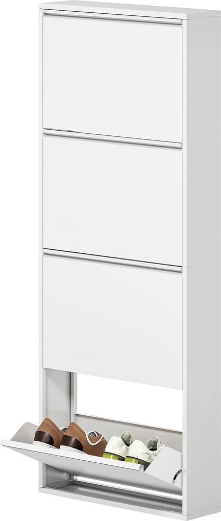 HOMCOM Kovový botník se 4 sklápěcími dvířky, úzký botník pro 8 párů bot 55 x 15 x 139,5 cm Bílý