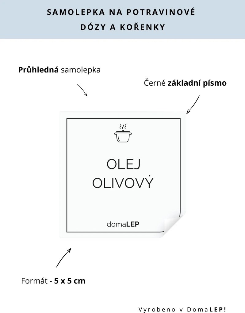 Samolepka na láhev OLEJ OLIVOVÝ – průhledná, 5 x 5 cm, základní písmo