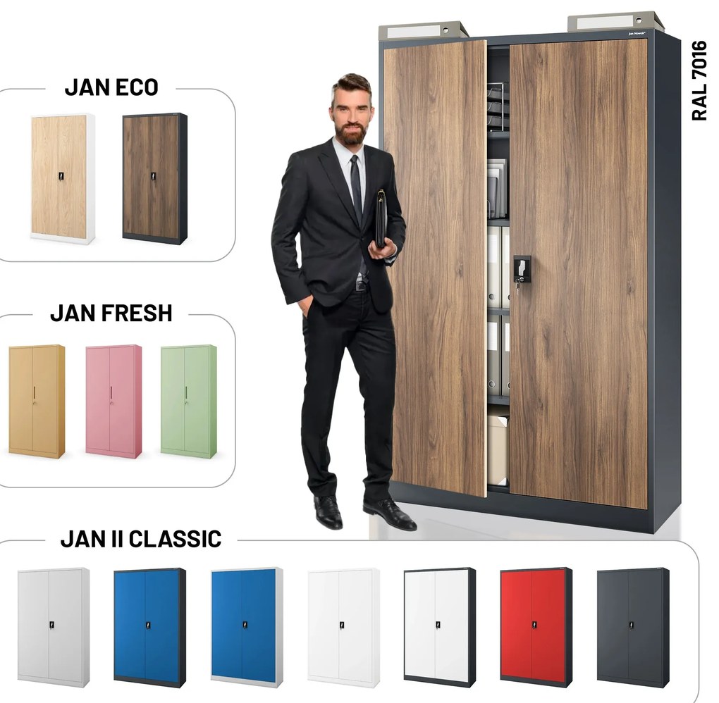 Kovová kancelářská skříň na dokumenty široká bílá antracit/ořech, 1150x1850x400 mm: JAN II Eco Design