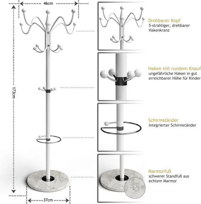 Casaria Věšák na šaty stojací bílý, 173 cm 109698