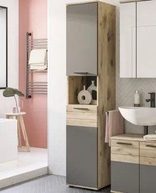 Vysoká koupelnová skříňka Mason, dub/šedá