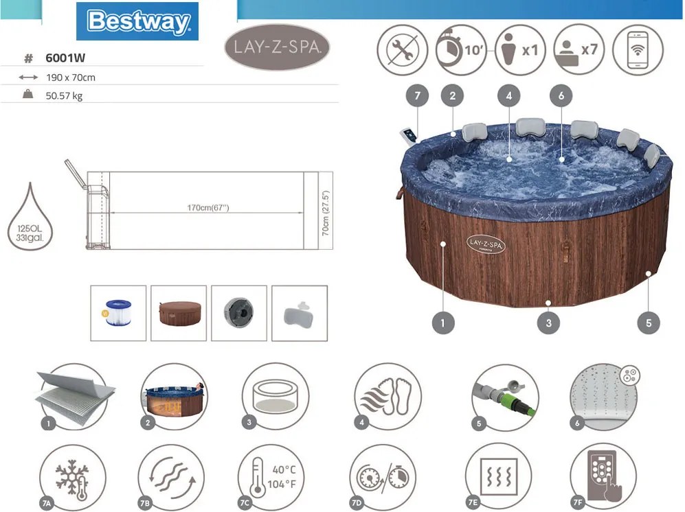 Bestway Vířivka Lay-Z-Spa Toronto SLIM pro 5-7 osob, 190cm, s WiFi aplikací, 6001W J-6001W