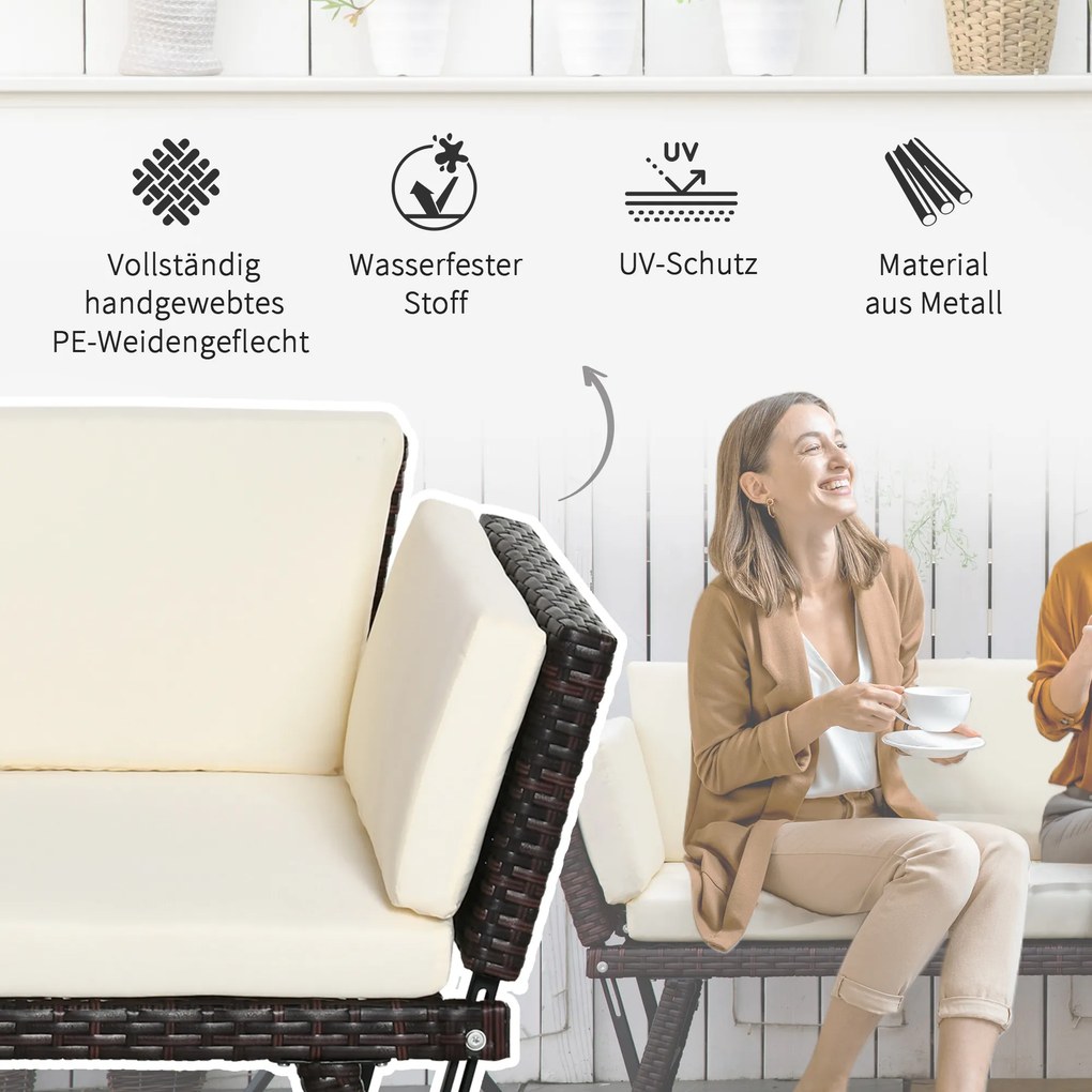 Outsunny polyratanová zahradní pohovka 2místná rozkládací zahradní nábytek lounge pohovka s područkami ocelová hnědá 129x63x67 cm na terasu a balkon …