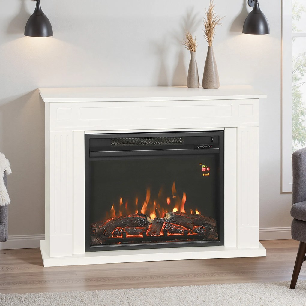HOMCOM Elektrický krb s plamenem ve 12 barvách a 5 stupni jasnosti, dálkové ovládání a časovač, 98x23,5x69,5 cm, bílá a černá