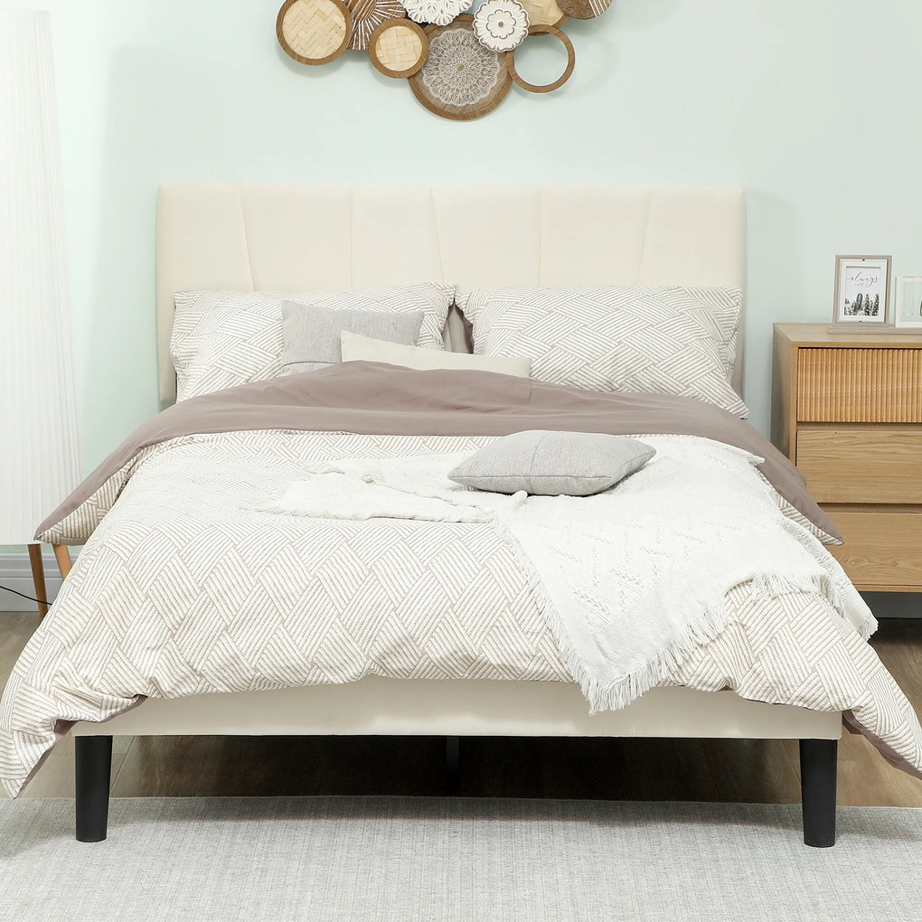 HOMCOM manželská postel 140 x 190 cm postel pro 2 osoby, nastavitelné čelo postele, lamelový rošt 150 x 198 x 101/106/111/116/121 cm, krémová