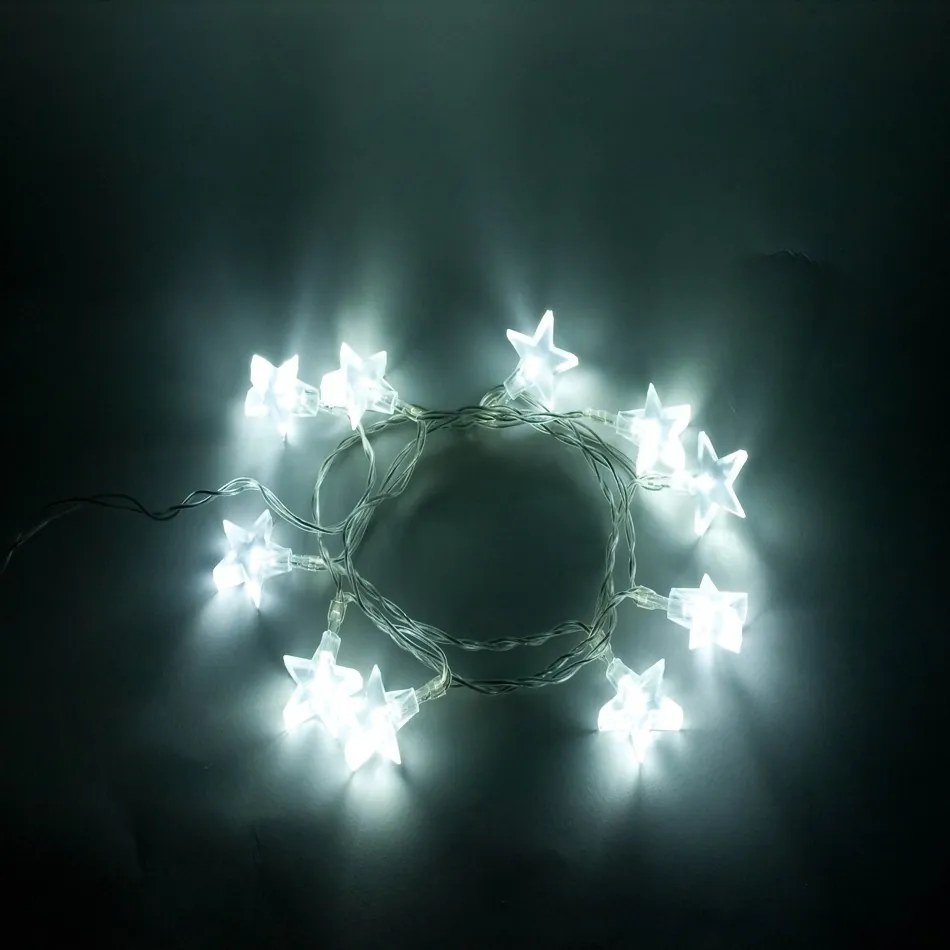LED světýlka na baterie, hvězdičky, 1,8 m, ledově bílá, čirá barva kabelu, IP20, 2 × AA