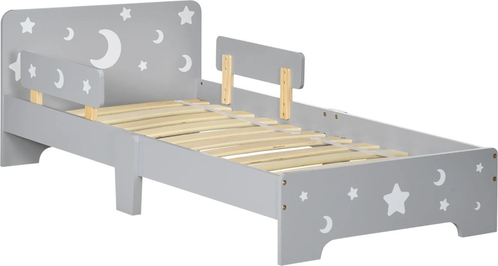 Dětská postel ZONEKIZ, podlahová postel pro děti, 3 až 6 let, 143 x 76 cm, design s hvězdami a měsícem, včetně laťového roštu, do dětského pokoje, šed