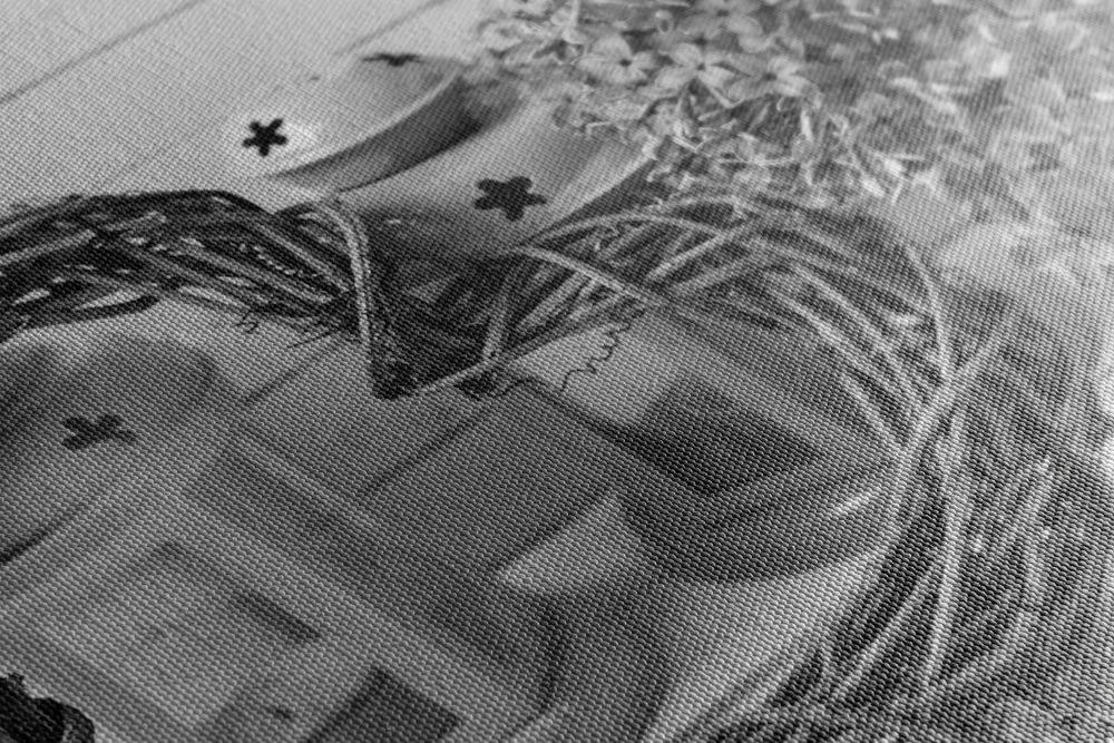Obraz proutěné srdce s lucerničky a šeříkem v černobílém provedení Varianta: 120x80