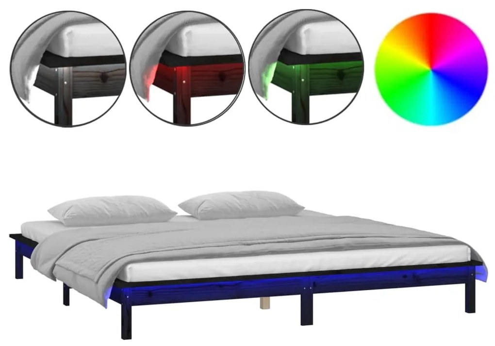 Rám postele s LED světlem černý 200 x 200 cm masivní dřevo