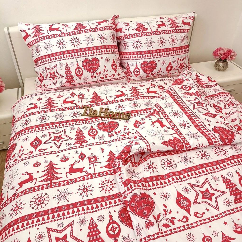 Povlečení bavlněné Vánoční povlečení Santa červený TiaHome - 1x Polštář 90x70cm, 1x Přikrývka 140x200cm