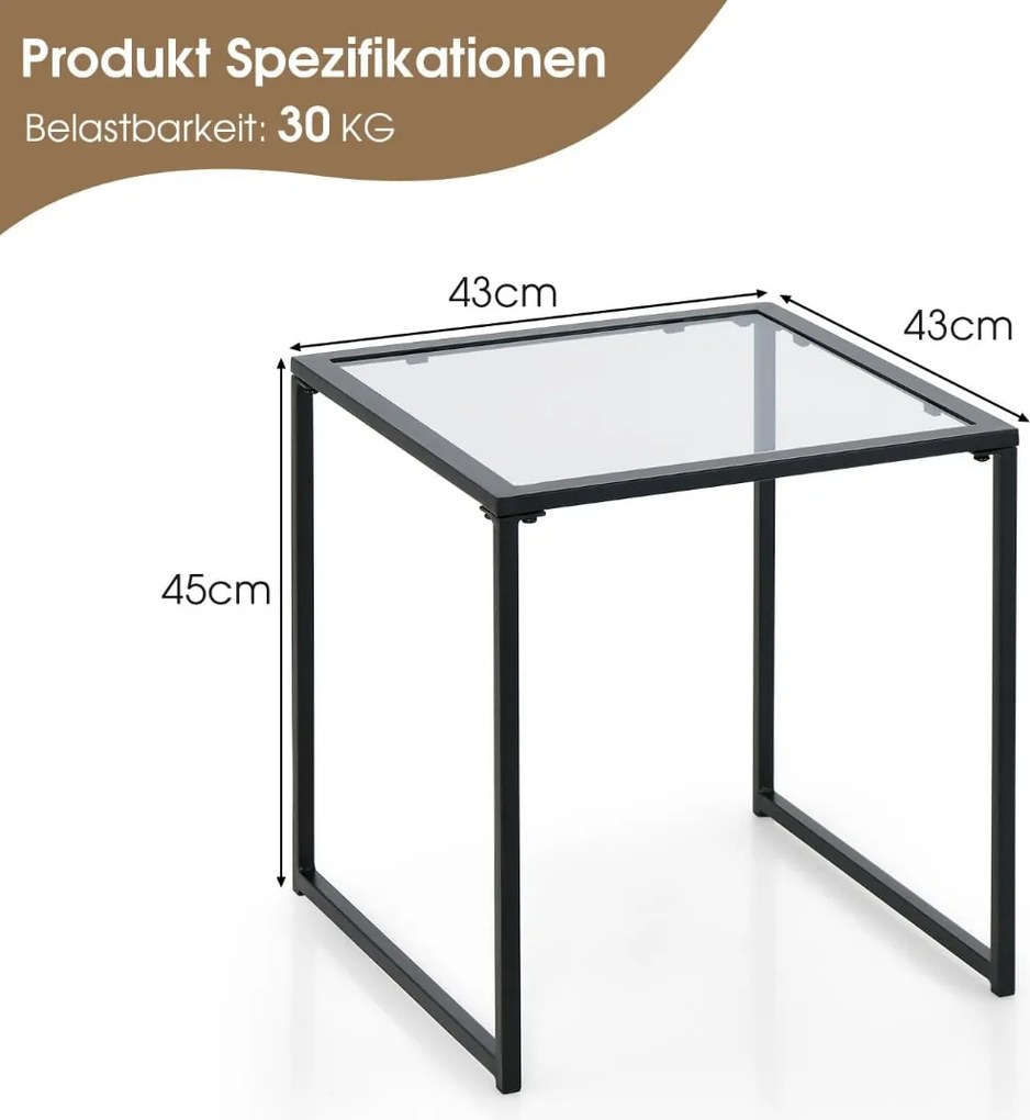 Costway Odkládací stolek malý s deskou z tvrzeného skla – 43 × 43 × 45 cm, černý