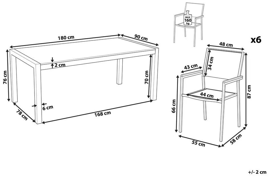 Sada zahradního nábytku stůl s bílou skleněnou deskou 180 x 90 cm 6 černých židlí GROSSETO Beliani