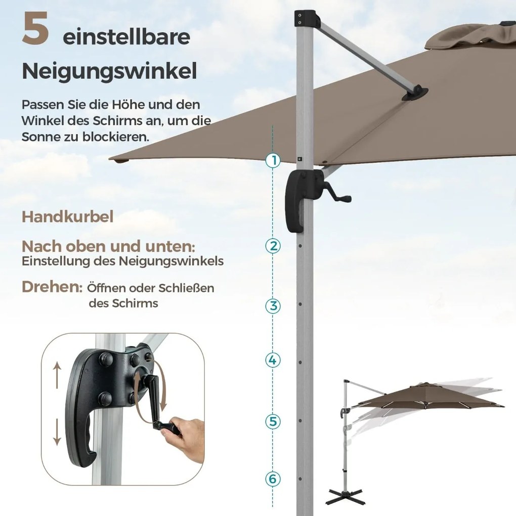 Costway Slunečník Ø 330 cm s klikou a UPF 50+ a 360° otočný, hnědý