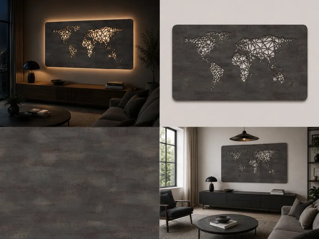 Li-Go "Mapa světa" světelný obraz s baterií a pohybovým čidlem 120x60 cm provedení povrchu: černá s patinou