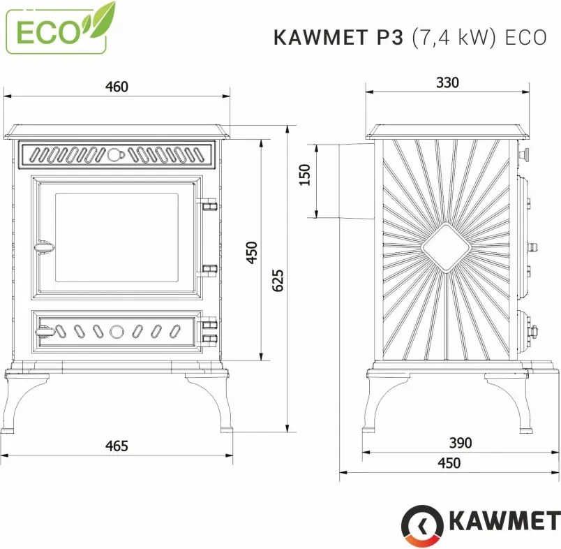 KAWMET Litinová krbová kamna P3 - 7,4 kW ECO