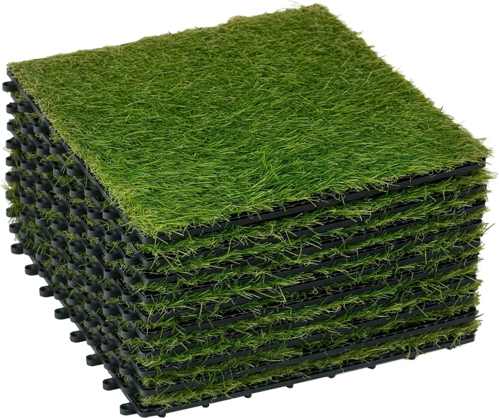 Umělá tráva Outsunny 10 kusů Skládací koberec odolný vůči povětrnostním vlivům 25 mm Zahradní koberec na balkon 30 x 30 cm Tmavě zelený | Aosom