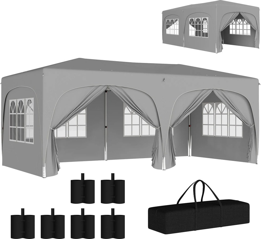 Pavilion Outsunny přibližně 3x6m, voděodolný, stabilní, zimní, sklopný pavilion, UV ochrana 50+, skládací párty stan, zahradní stan s 6 bočními částmi