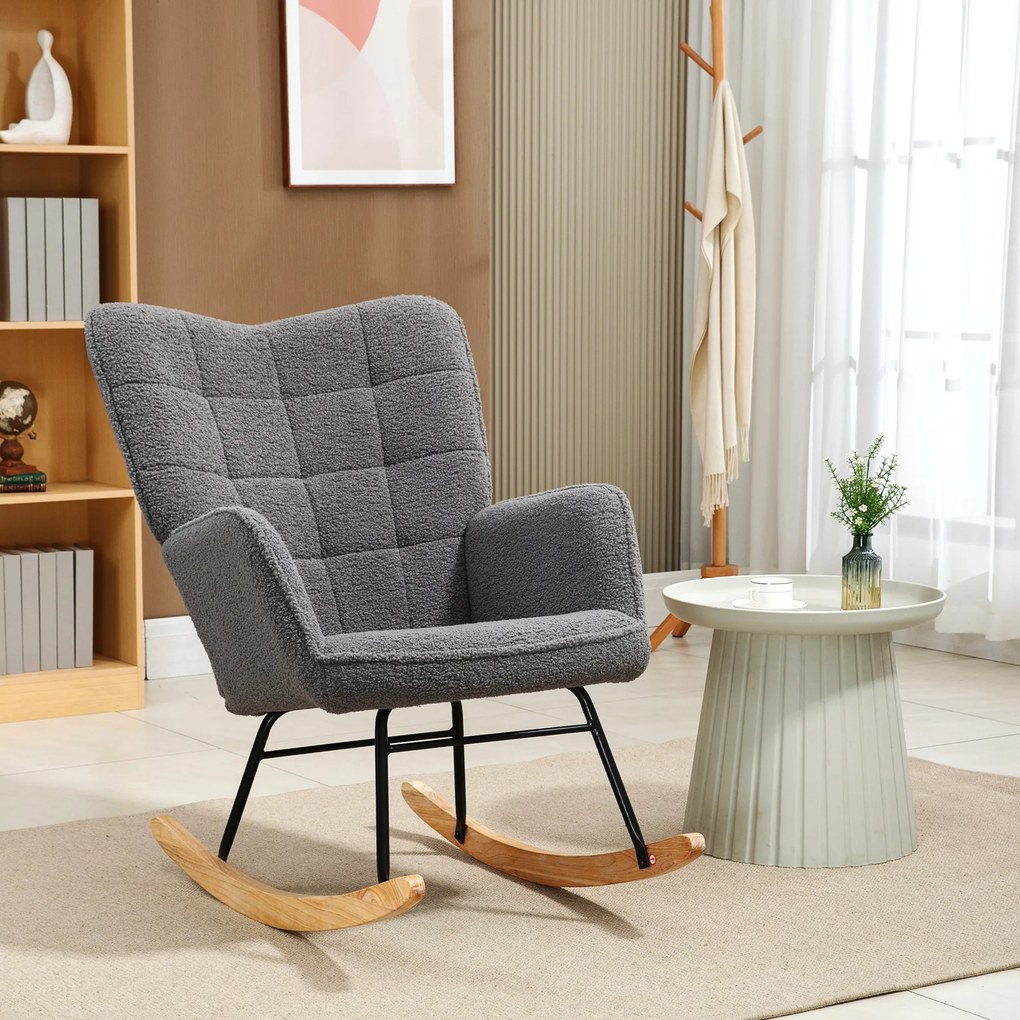 HOMCOM Houpací křeslo Houpací křeslo, akcentní křeslo, relaxační křeslo s berberským rounem, do 120 kg, tmavě šedé, 71x92x101 cm| Aosom