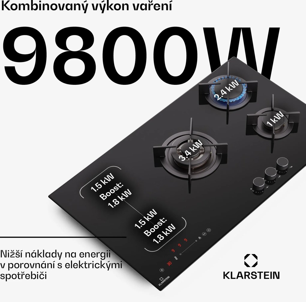 Klarstein MultiChef 5 Wok, indukční a plynová varná deska, 5 varných zón, 3 plynové hořáky, 2 indukční varné desky, FlexZone