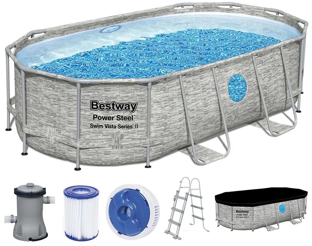 BESTWAY Power Steel Stacked Stone Swim Vista Bazénový set 427 x 250 x 100 cm, kartušová filtrace 56714