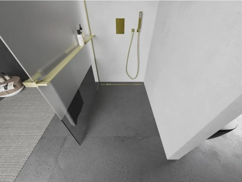 Mexen Kioto+, sprchová zástěna Walk-In s poličkou a věšákem 130 x 200 cm, 8mm čiré sklo-námraza, zlatý matný profil, 800-130-121-55-35