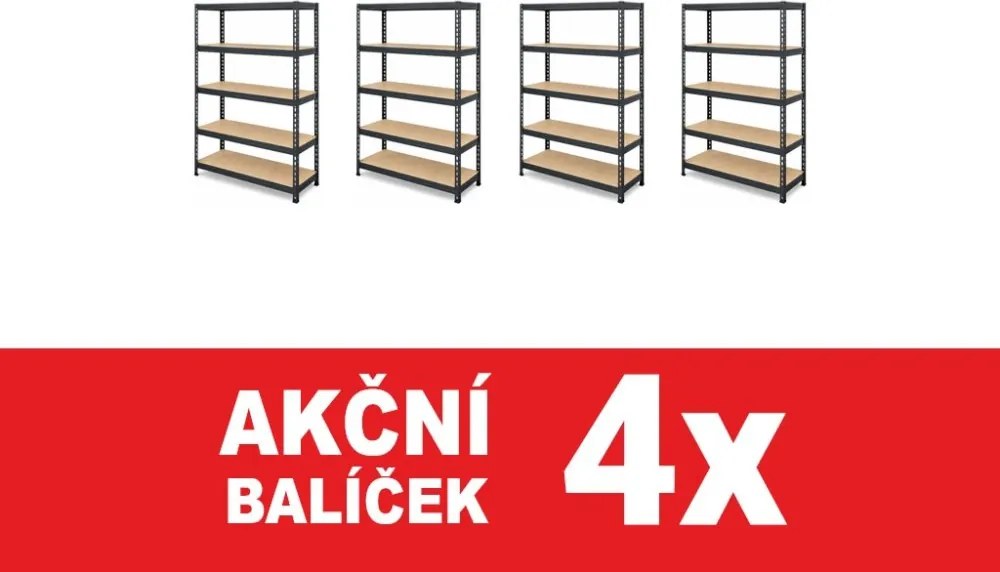 Akce 4x Regál 183x60x40 cm lakovaný 5-policový, nosnost 1000 kg, RIVET - černý