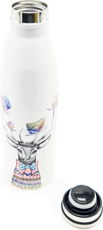 Nerezová termolahev Fešák jelen, 500 ml – bílá, matný povrch, s motivem jelena ve svetru a s klobouky