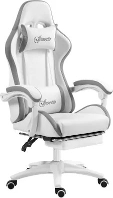 Herní židle Vinsetto ergonomická s opěradlem naklápěným do 135° a bederní opěrkou, 65 x 121-129 cm, bílá