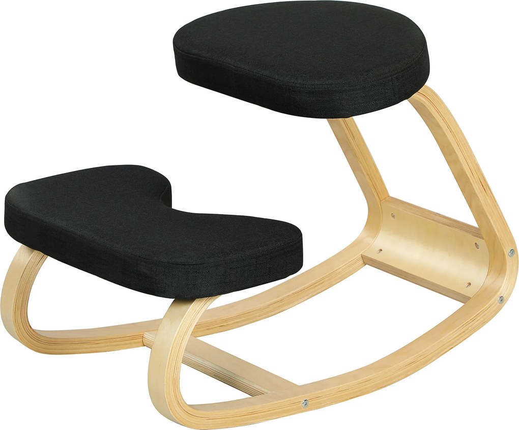 HOMCOM Ergonomická houpací kolenící židle v lněné efekt tkanině a z březového dřeva, 50x73x55 cm, Černá