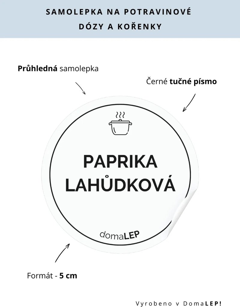 Samolepka na kořenky PAPRIKA LAHŮDKOVÁ průhledná 5 cm tučné písmo