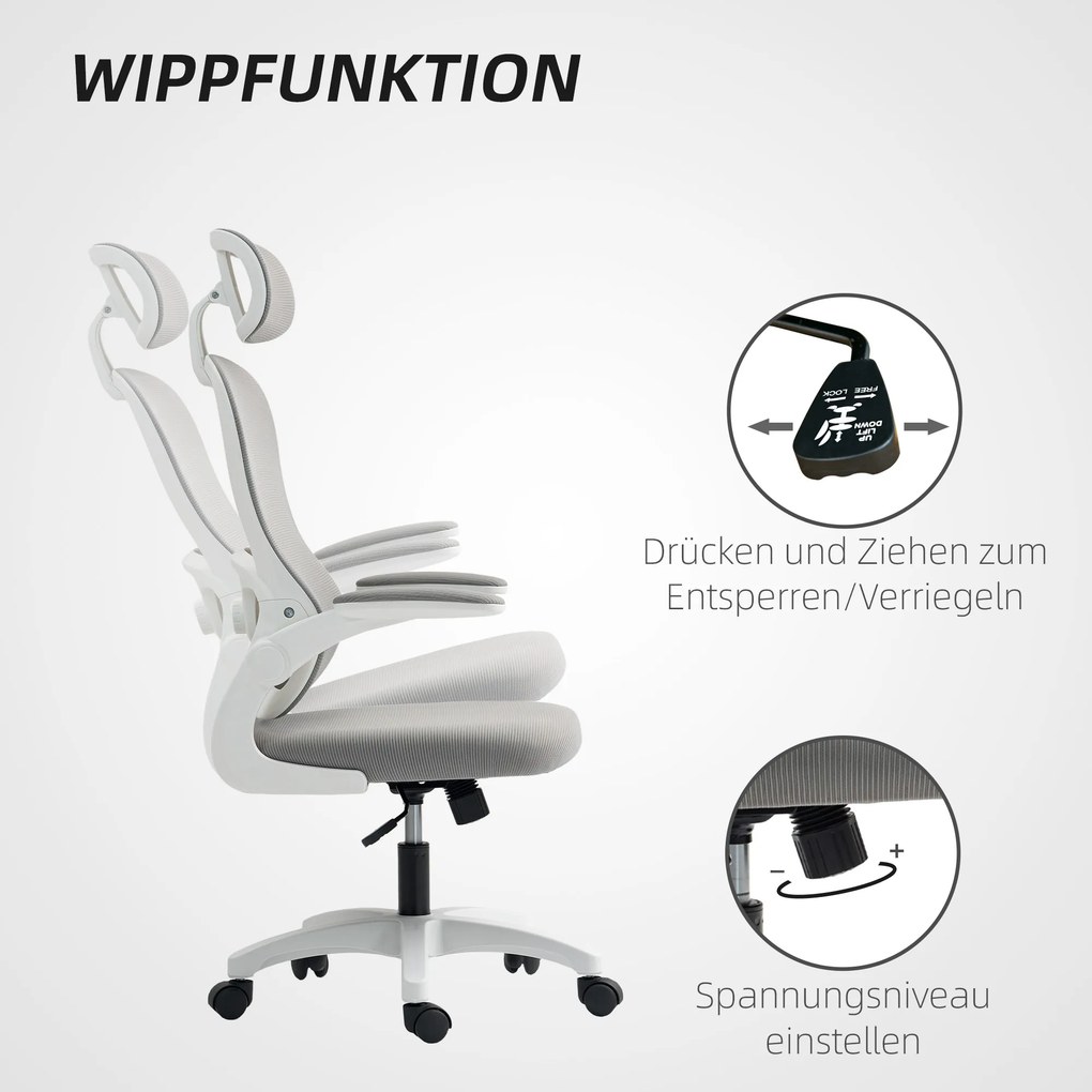HOMCOM Ergonomická kancelářská židle s opěrkou zad z síťoviny, výškově nastavitelná, sklápěcí loketní opěrky, 5 koleček, houpací funkce, šedá