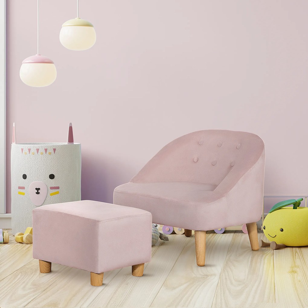 Dětské křeslo HOMCOM s otománem pro děti od 3 do 5 let, roztomilý design, sametový vzhled, 51 x 50 cm, růžová